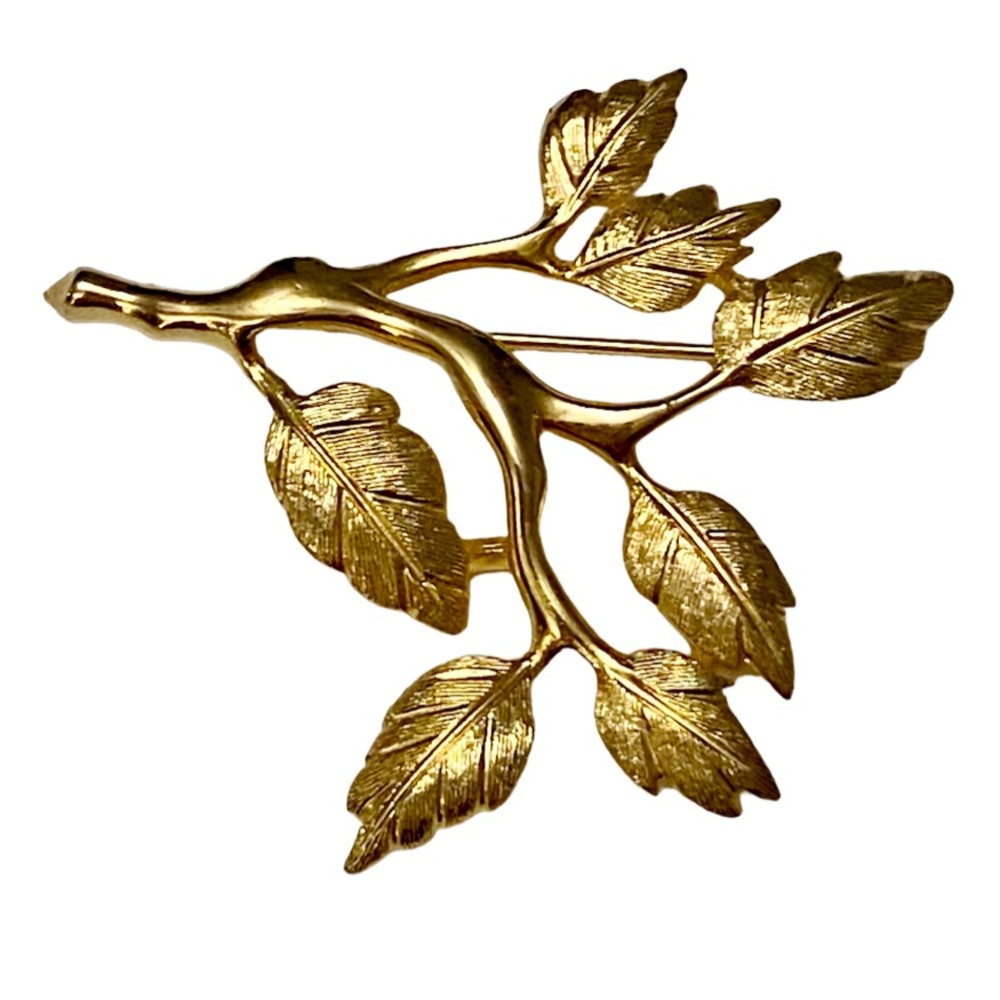 Tree Branch Leaves Gold Brooch Vintage - Gem